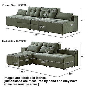 BUIORD 93.5" Convertible Oversize Corduroy 3 in 1 Sleeper & Sectional Sofa,L-Shaped Sofa with 4 Storage Space for Living Room,Pull-Out Sofa Bed with 4 Pillows (Green)
