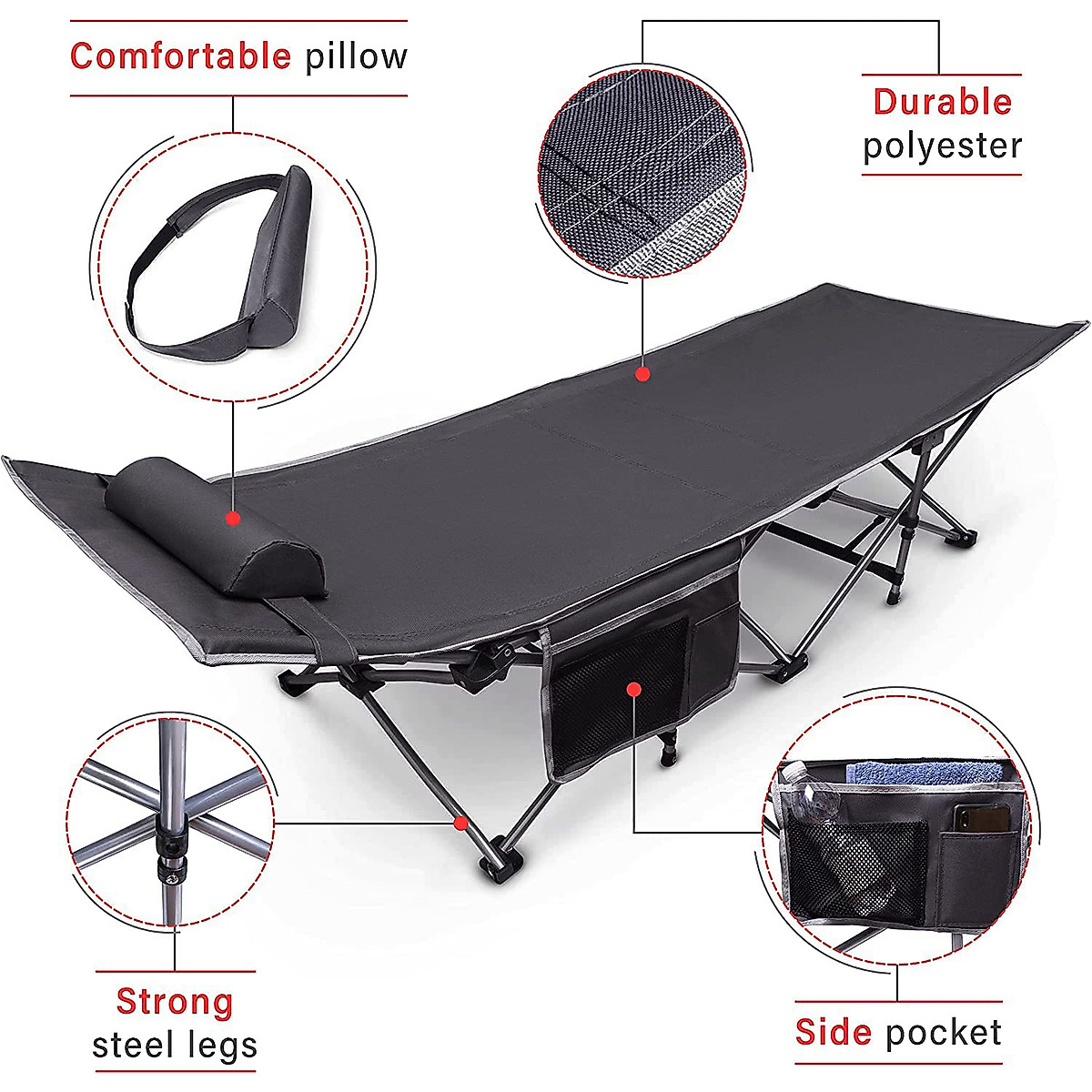 VaygWay Outdoor Folding Camping Travel Cot - Grey Lightweight Comfortable Portable Heavy Duty Foldable Cot – Sleeping Travel Bed w/Pocket - Adults and Kids Travel Cot –Outdoor Hiking, (Grey 1 Pack)