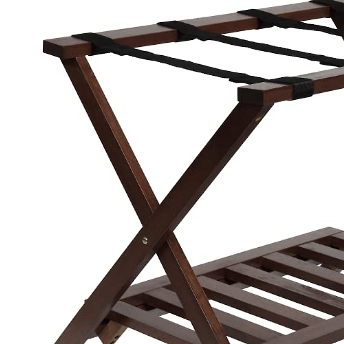 PJ Wood Foldable Luggage Rack with Shelf - Walnut