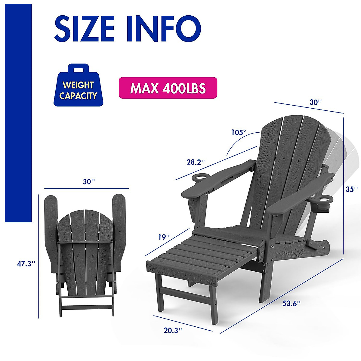 BRIOPAWS Folding Adirondack Chair with Adjustable Backrest & Ottoman, Wood Texture All-Weather HDPE Outdoor Chairs w/Cup Holders & Retractable Footrest for Poolside, Fire Pit, Campfire, Deck, Grey