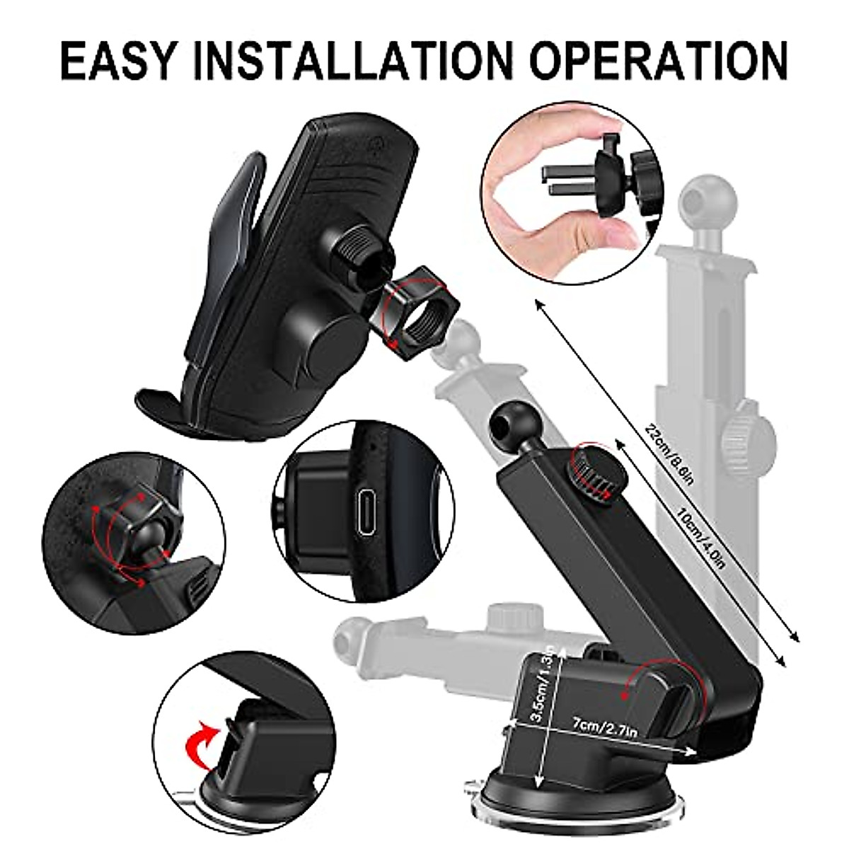 Wireless Car Charger Mount, 15W Qi Fast Charging Auto-Clamping Cell Phone Car Holder ​Air Vent Windshield Dashboard Long Arm Suction Cup Car Phone Mount for iPhone13 /12/11 Samsung S20/S10/S9/S8 LG