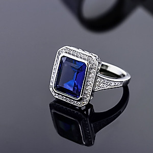 Gem Stone King 925 Sterling Silver Simulated Sapphire Ring For Women (5.00 Cttw, Emerald Cut 11X9MM)