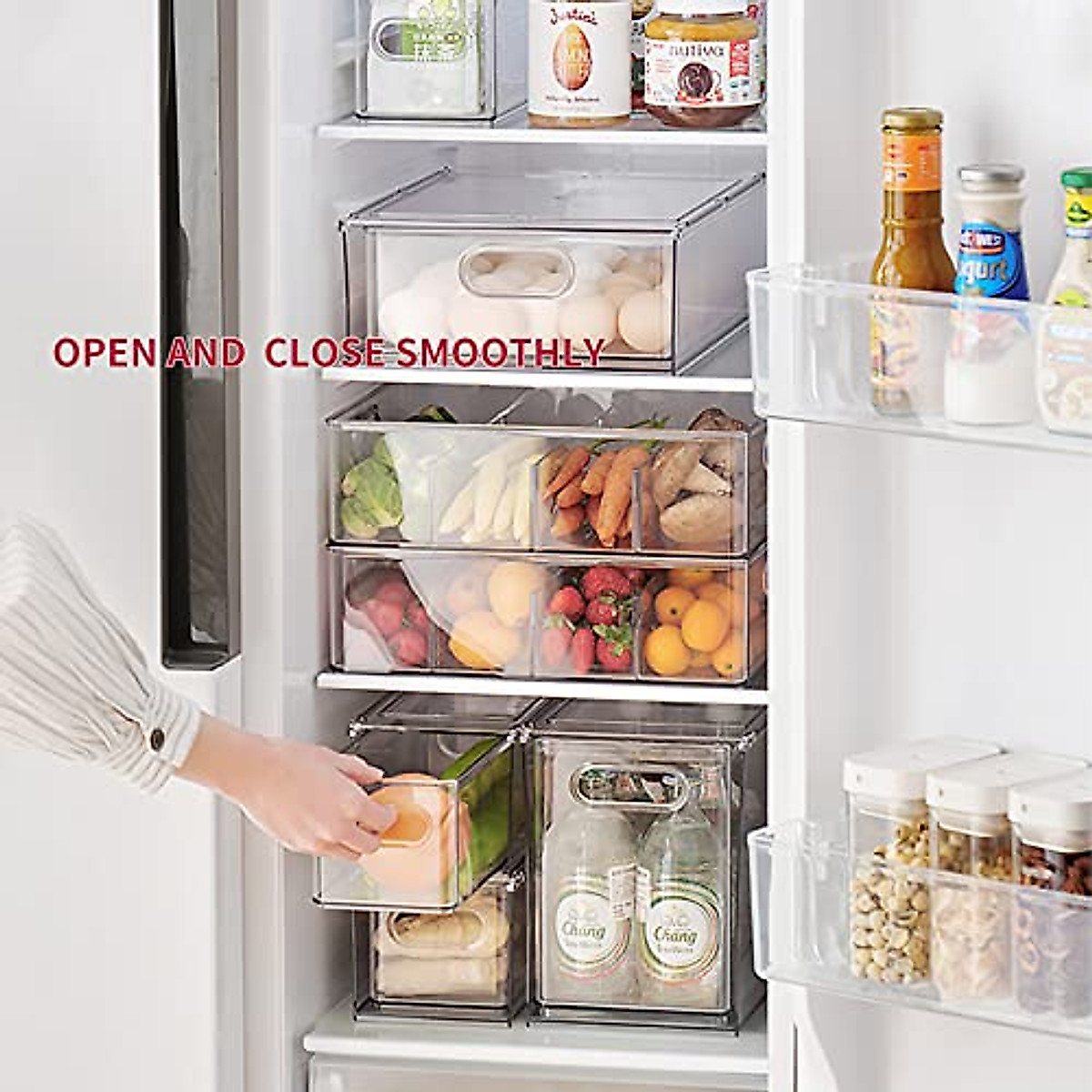 Abiudeng 2 Pack Stackable Refrigerator Organizer Bins with Pull-out Drawer, Drawable Clear Fridge Drawer Organizer with Handle, Plastic Kitchen Pantry Storage Containers