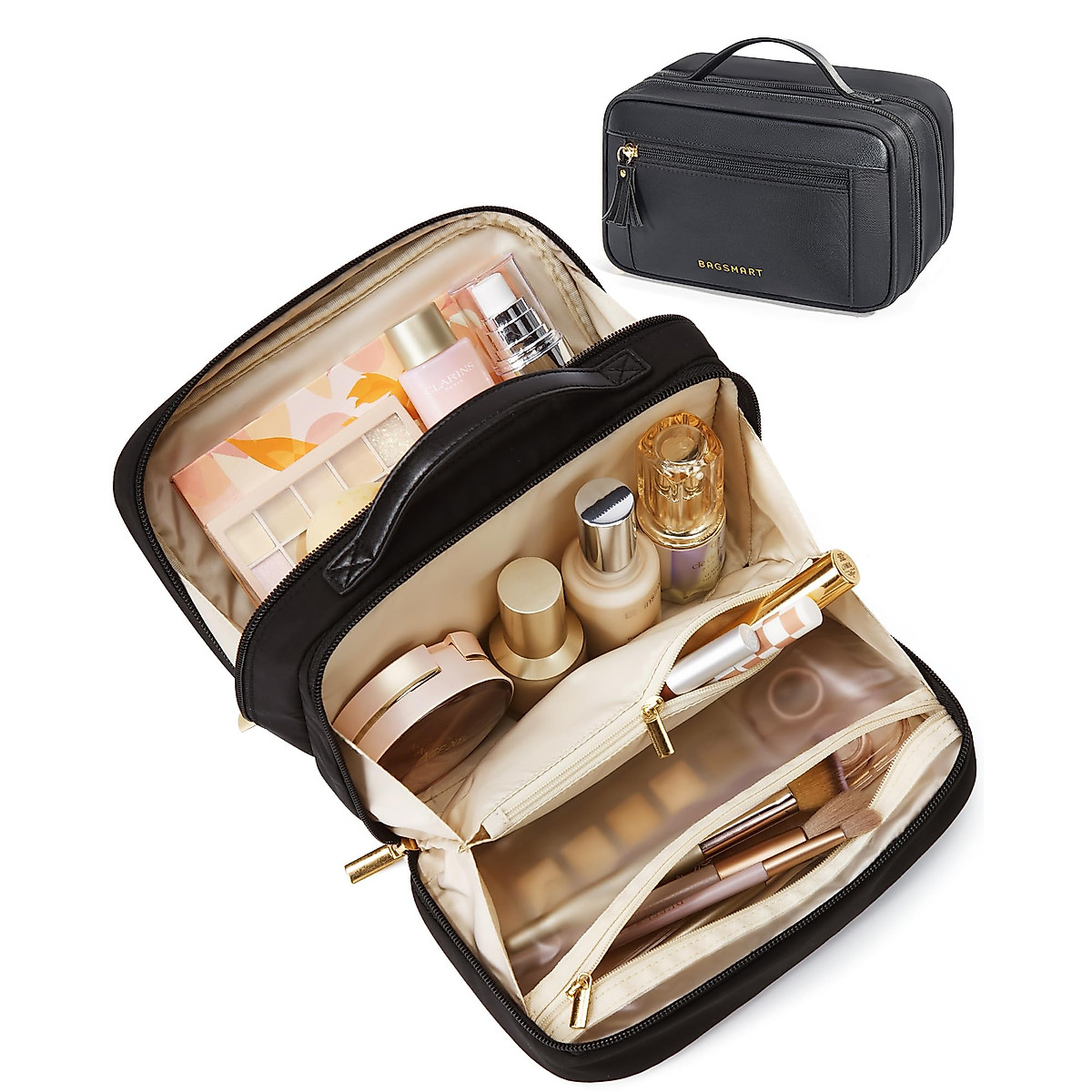 BAGSMART Large Makeup Bag Organizer,Double-Layer Travel Cosmetic Case with Acrylic Mirror,Makeup Train Case with Adjustable Dividers Women Cosmetics Makeup Brushes Toiletries,Black