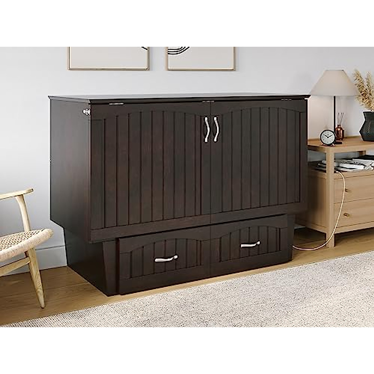 AFI, Nantucket Murphy Bed Chest with 6 inch Memory Foam Folding Matttress, Built-in Charging Station and Storage Drawer, Full, Espresso