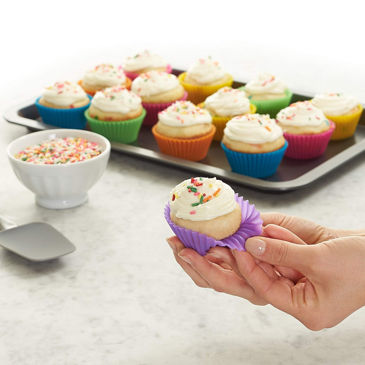 Amazon Basics Reusable Silicone Baking Cups, Muffin Liners - Pack of 12, Multicolor