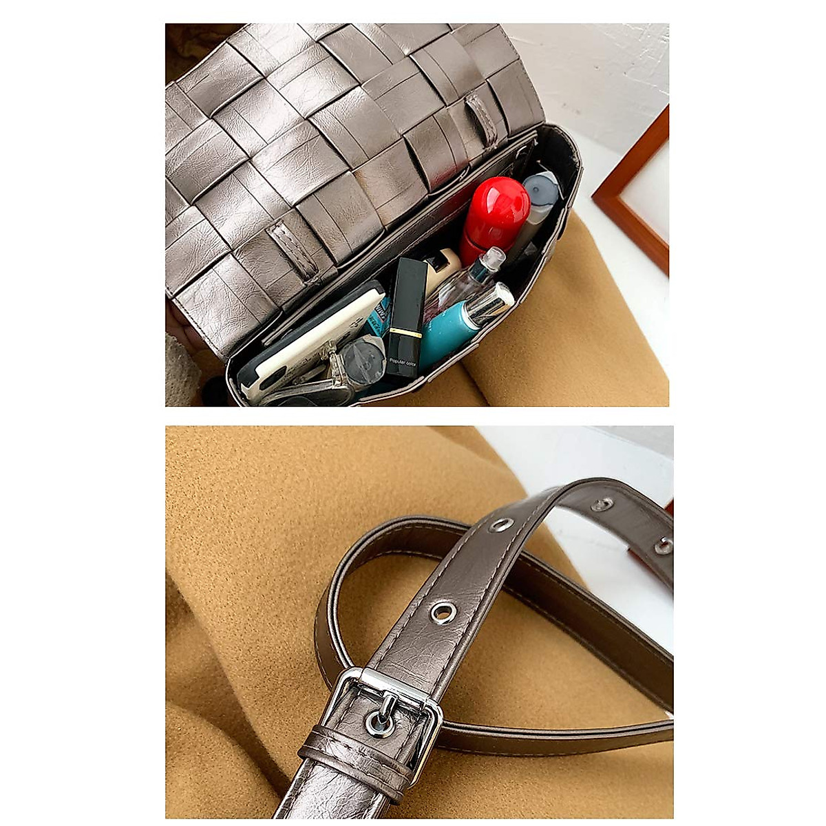 Santwo Women Leather Adjustable Strap Shoulder Bag Mini Small Weave Crossbody Handbag (Grey)