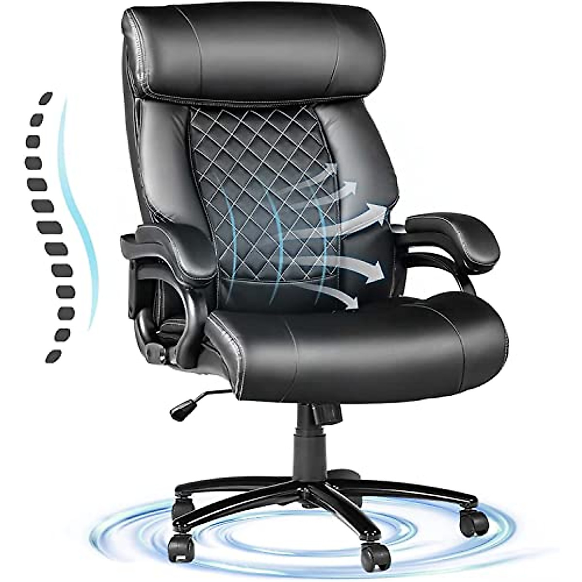 Big and Tall Office Chair, Computer Desk Chair with High Back, Office Chairs for Heavy People, PU Leather Home Office Desk Chair for Bedroom, 360°Rotating Heavy Duty Office Chair, Black