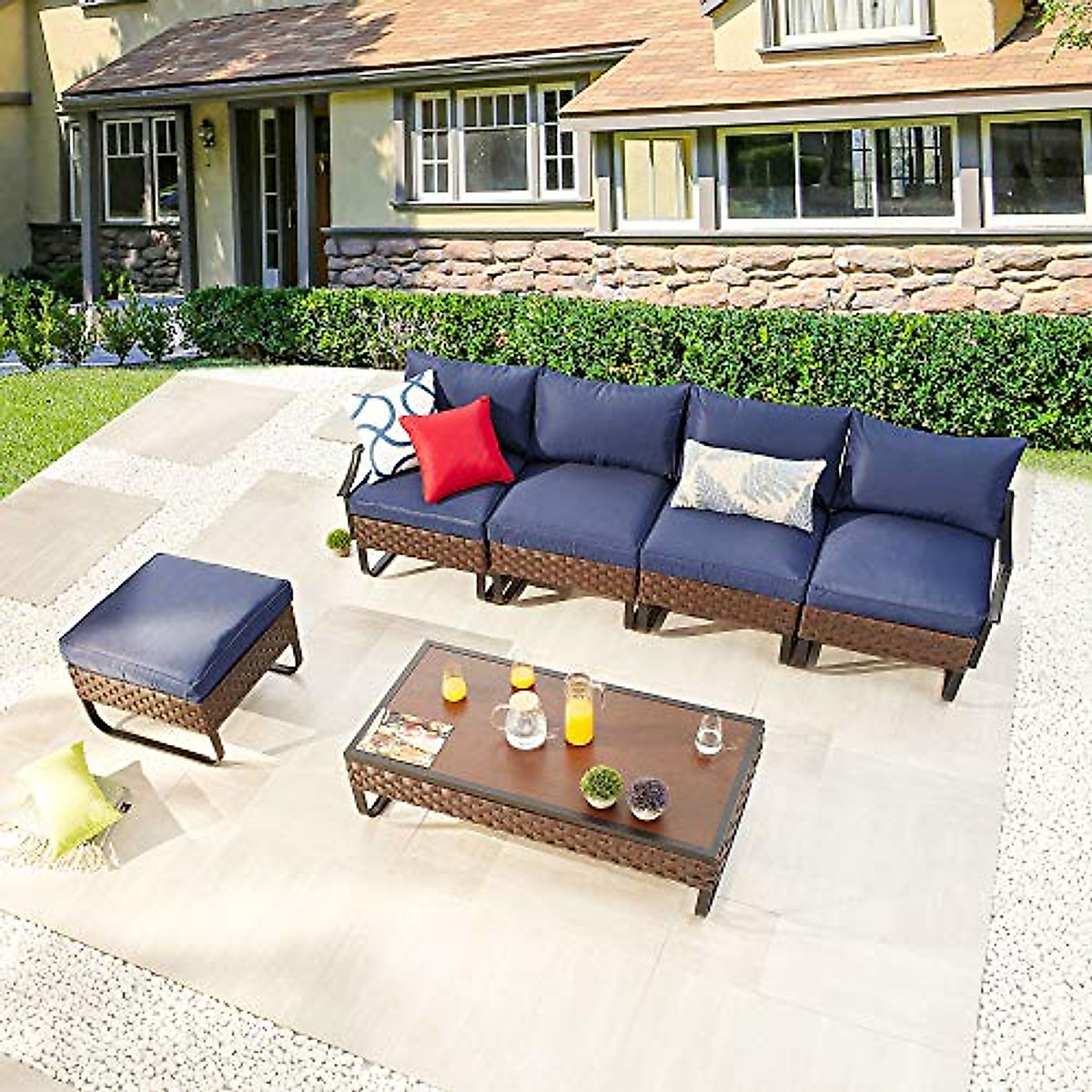 Romayard Outdoor Wicker Ottoman Patio Footstool Rattan Furniture Coffee Table All Weather Foot stools Seat with Cushion