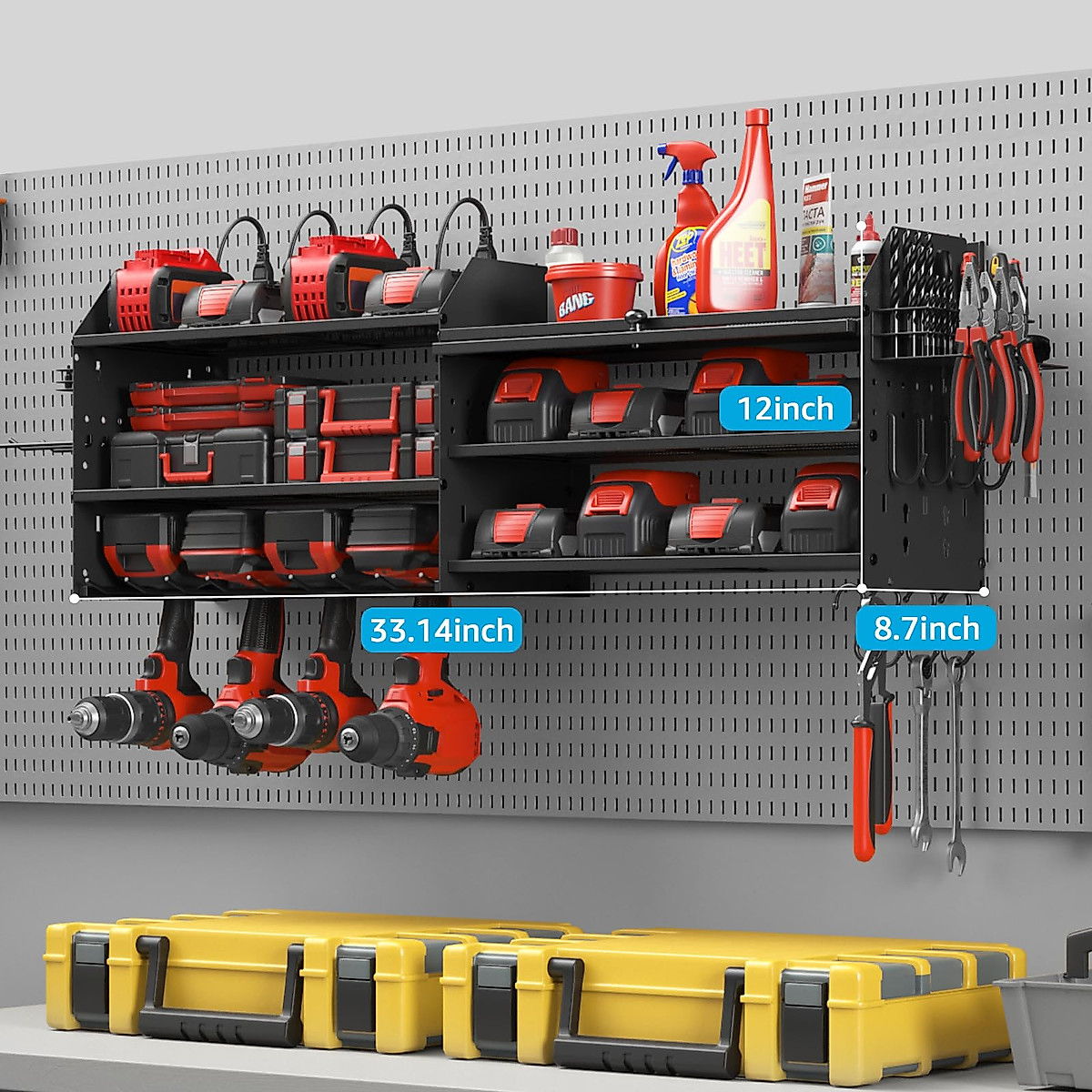 CCCEI Power Tools Organizers with Charging Station. Drills and Battery Holder Wall Mount with Cabinet Storage. Garage Rack Shelf with Power Strip. Gifts for Men, Father.