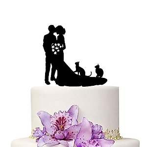 Wedding Cake Toppers Bride and Groom With Cats Animal Black Color Acrylic Silhouette Wedding Party Engagement Decoration