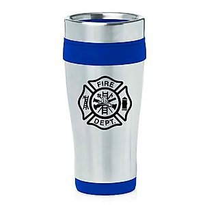 16oz Insulated Stainless Steel Travel Mug Coffee Mug Tumbler Fire Department Maltese Cross Firefighter (Blue)