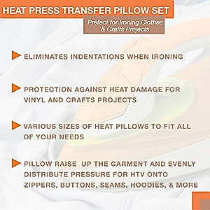 Amazing Creations Heat Press Pillow Bundle - Includes 4 Transfer Pillows, 2 Teflon Sheets and 1 Roll of Tape - Eliminates Indentations for Fast Ironing - Fire-Resistant, Waterproof and Reusable