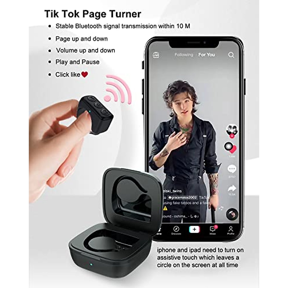 TIK Tok Remote Control, Tiktok Button Wireless Scrolling Ring Bluetooth Control Page Turner with Charging Case Compatible with iOS/Android (Black)