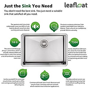 leafloat 25-inch Undermount Kitchen Sink, 25"x18"x10", Single Bowl, 18 Gauge T304 Stainless Steel, Satin Finish, with Strainer & Bottom Grid, cUPC listed