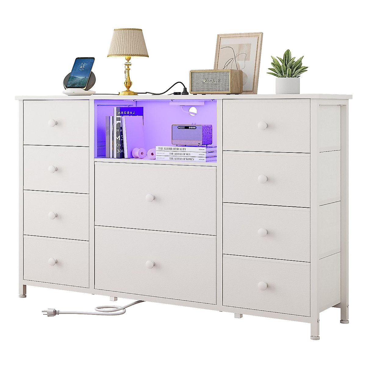 LDTTCUK Dresser with Charging Station and LED Lights, Long Dresser for Bedroom Dresser TV Stand with 10 Drawers, Fabric Chest of Drawers with PU Finish, Wide Dresser Storage Organizer, White