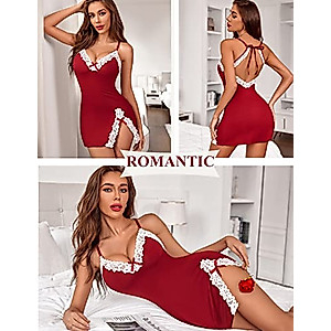 Avidlove Lingerie Women's Exotic Nightgowns Sexy Lace Lingerie for Women Shirt Dress for Women Sexy (Wine Red,S)