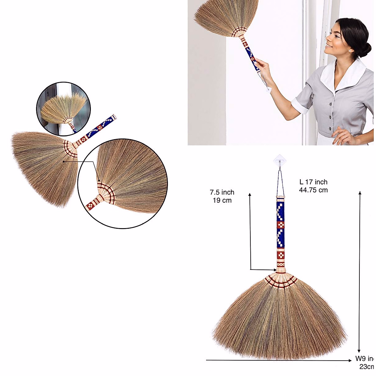 SKENNOVA - 1 Piece of 17 inch Tall of Asian Broom Thai Vintage Dusting Brush Grass Broom Handmade for Sweeping Dirt Dust Garbage
