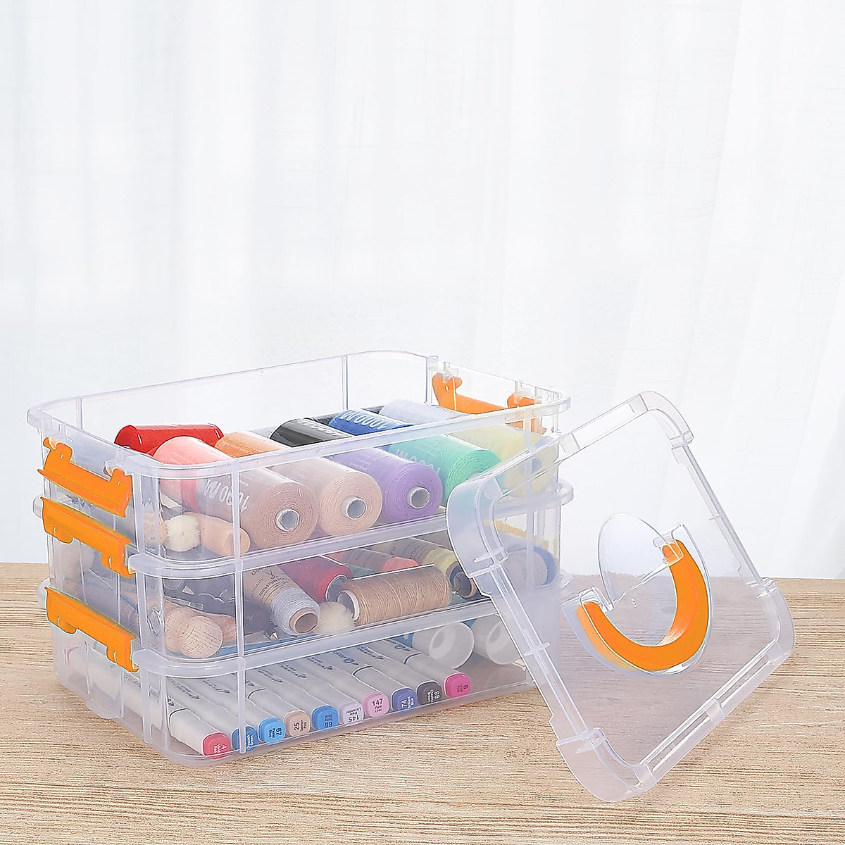 6 PACK 2 Sizes 3-Tier Plastic Storage Containers with Lids, Handled Art Supply Craft Organizer Storage Box for Organizing Craft, Stationery, Sewing, Art Craft, Jewelry and Beauty Supplies (Orange)