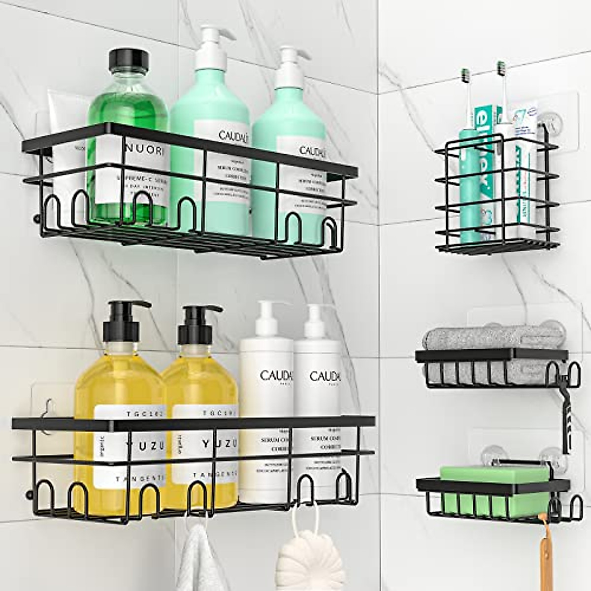 POKIPO Shower Caddy, 5-Pack Shower Organizer with Soap Dishes & Toothbrush Holder, Adhesive or Drilling Stainless Steel Shower Shelves, Rustproof Rack for Bathroom Storage, Decor, Wall Mounted, Black