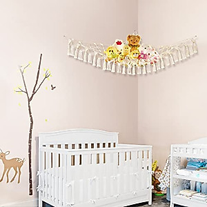 Isuesee Stuffed Animal Net or Hammock Macrame Toy Holder with String Lights Wall Mounted Hanging Corner Toys Storage Organizer Boho Decor for Nursery Kids Room