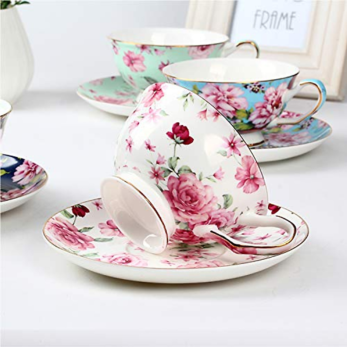 BTäT- Floral Tea Cups and Saucers, Set of 4 (7oz) with Gold Trim and Gift Box, Cappuccino Cups, Latte Cups, Tea Set for Adults, Porcelain Tea Cups, Tea Cups for Tea Party, Rose Teacups, China Tea Cups