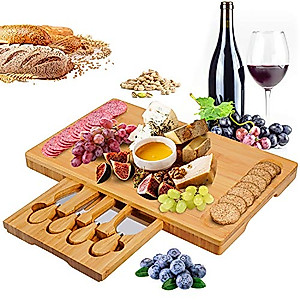 Bamboo Cheese Board Set with Drawer Wooden Charcuterie Tray Platter Including 4 Stainless Steel Knife and Serving Utensils, Gift Idea for Birthdays, Wedding Registry, Housewarming