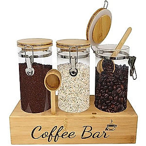 Zrwcvxy Glass Coffee Jar with Shelf,Glass Coffee Canisters with Bamboo Lid and Spoon,3 * 59 OZ Ground Coffee Storage,with Airtight Clip Coffee Bean Canister for Coffee Beans,Ground Coffee,Nuts,Sugar