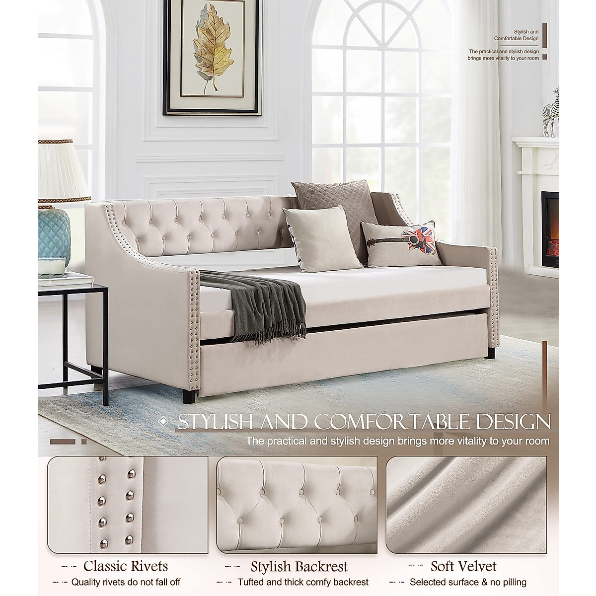 Obuvar Twin Size Daybed with Trundle, Upholstered Velvet Day Bed Frame with Tufted Button, Modern Furniture Sofa Bed for Living Room, Bedroom, Guest Room, Dorm, No Box Spring Needed, Beige