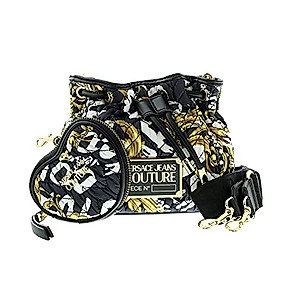 Versace Jeans Couture Black/Gold Heart Charm Purse Small Braid Bucket Crossbody Bag for womens