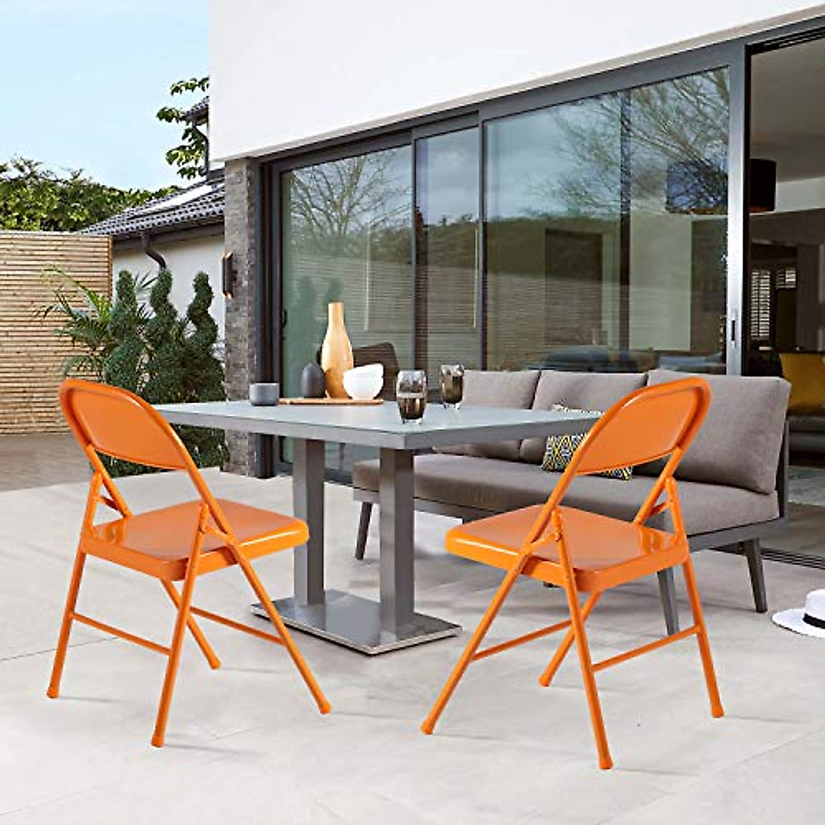 VECELO Metal Frame Folding Hold Up to 350 Pounds, Mounted Steel Chairs with Triple Braced & Double Hinged Back for Home Office, Set of 4, Orange