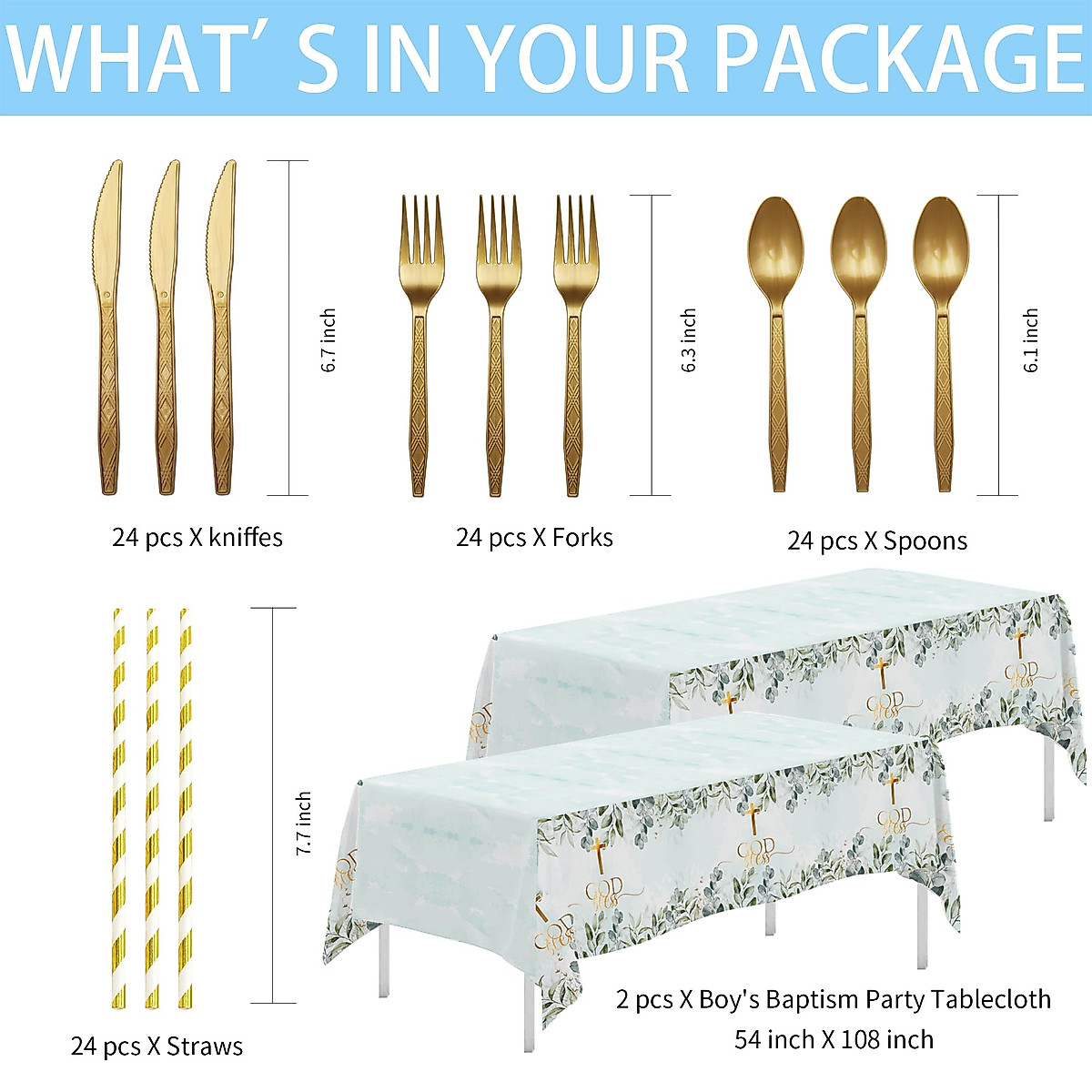 Suhelkit First Communion Decorations Tableware Boy - God Bless Baptism Plate, Cup, Napkin, Tablecloth, Cutlery, Mi Bautizo Eucalyptus Leaves Sage For Christening Baby Shower Religious Party | Serve 24