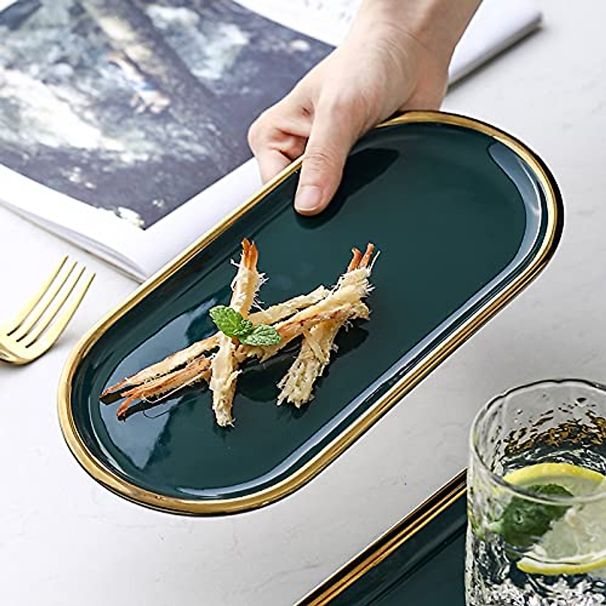 Serving Trays Vanity Tray Phnom Penh Tray Household Ceramic Cake Dessert Plate Creative Oval Storage Jewelry Plate Green Snack Plate, 10/12 Inch Elegant Decorative Tray (Size : 10inch)