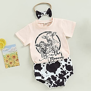 TheFound Summer Toddler Girls Clothes Short Sleeve Bull Print Tops Elastic Waist Short Headband Casual Cute Outfits (Beige, 12-18 Months)