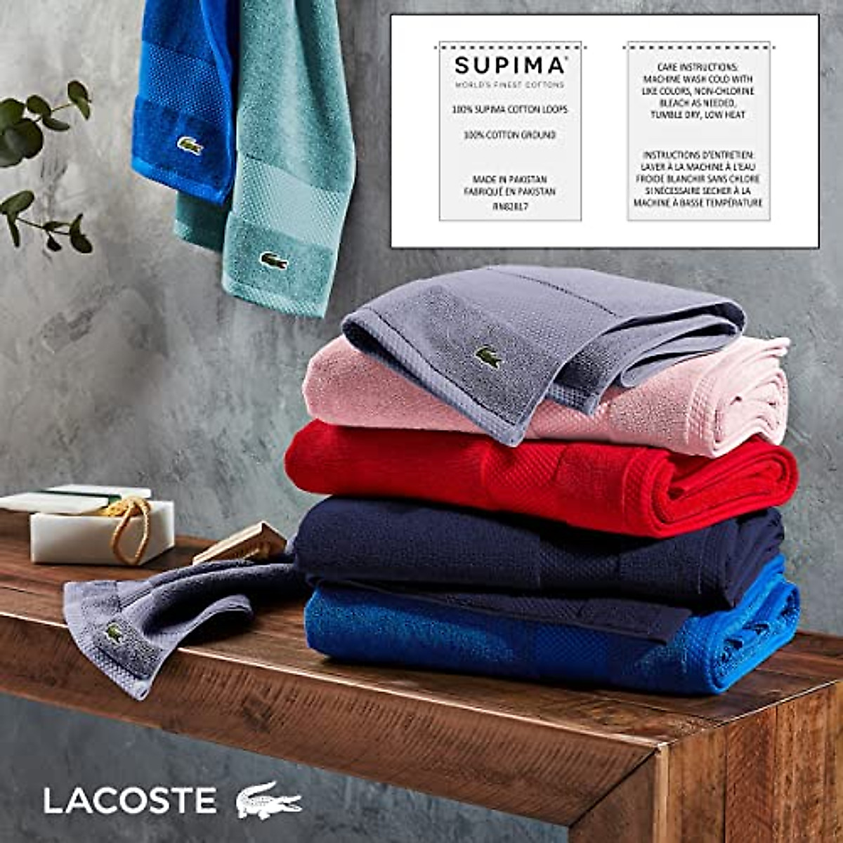 Lacoste Heritage Supima Cotton Wash Cloth, Surf Blue, 13" x 13"