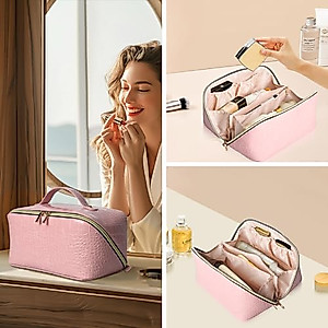 Sanshisi Travel Makeup Bag, Waterproof Leather Portable Cosmetic Travel Bag for Women Large Capacity Cosmetic Organizer Pouch with Compartments and Handle, Pink