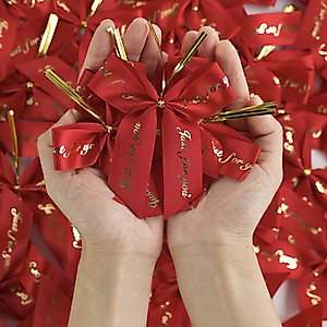AIMUDI Red Satin Ribbon Twist Tie Bows for Valentine's Day 3.5" Premade Just for You Bows Red and Gold Bows for Treat Bags Gift Wrapping Crafts Party Favors Cake Pop Candy Apple Baby Shower-50 Counts
