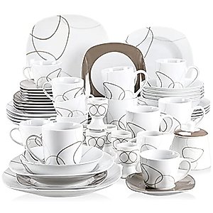 VEWEET, Series Nikita, 50-Piece Dinnerware Sets for 6, Including Porcelain Plates Sets, Bowls, Mugs, Egg Cups, Cup and Saucer Set, Milk Jug and Sugar Pot Set, Microwave and Dishwasher Safe
