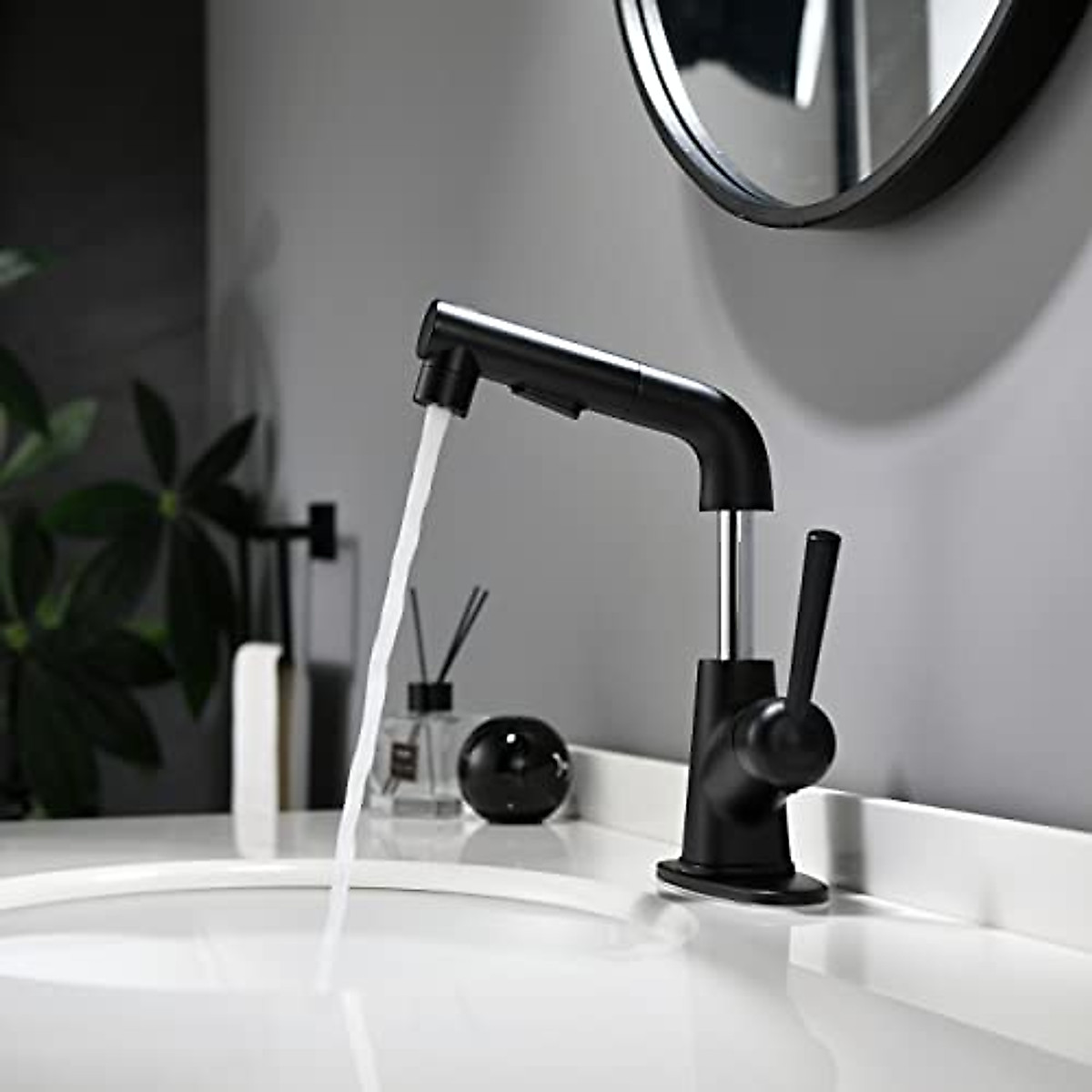Joozer Matte Black Bathroom Pull Out Faucet Bathroom Faucet with Pull Out Sprayer RV Faucet for Bathroom Sink Lavatory Single Hole 3 Mode Rotating Spout for Cold and Hot Water with 6 Inch Deck Plate