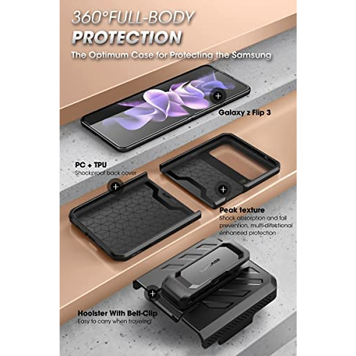 SUPCASE Unicorn Beetle Pro Series Case for Samsung Galaxy Z Flip 3 5G (2021), Full-Body Dual Layer Rugged Protective Case with Holster (Black)