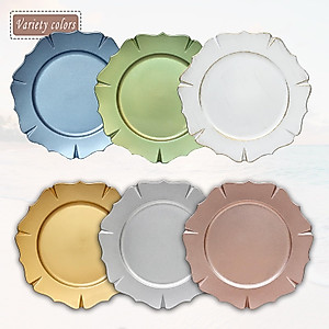 Spsyrine Gold Charger Plates, 13 Inch Metallic Scalloped Chargers for Dinner Plate Set of 6, Decorative Plastic Plate Chargers for Party, Wedding, Baby Shower, Anniversary, Thanksgiving Ect.