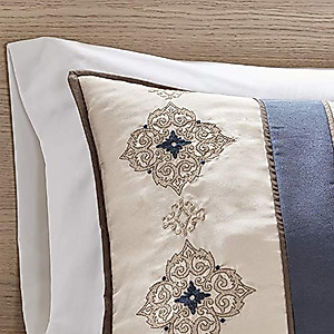 Madison Park Comforter Faux Silk-Traditional Luxurious Jacquard Design All Season Set, Matching Bed Skirt, Decorative Pillows, King(104"x92"), Navy 7 Piece