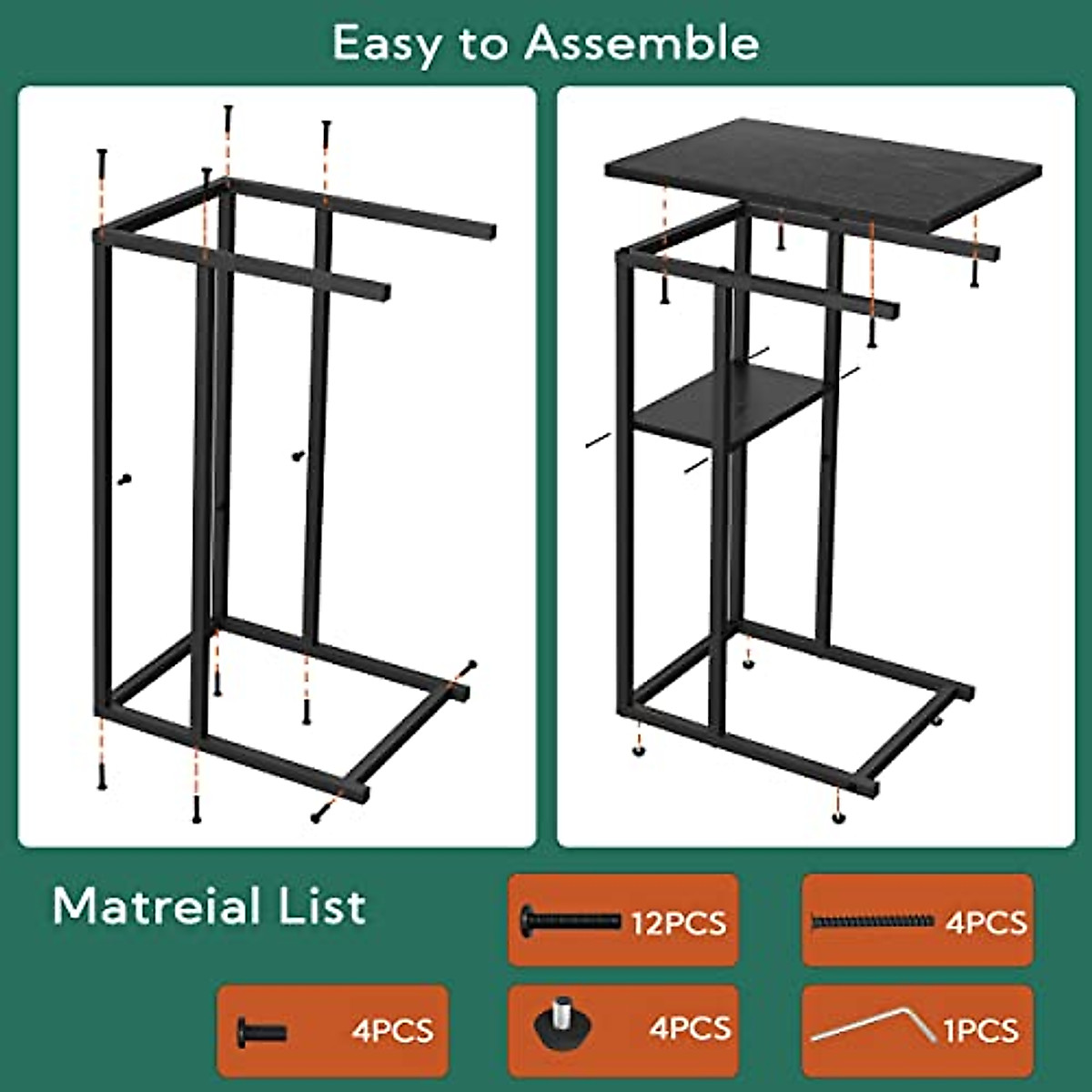 Yusong C Shaped End Table, Small Side Tables Slide Under Sofa Couch Bed, Small TV Tray Bedside Table for Small Spaces, Living Room, Bedroom, Black