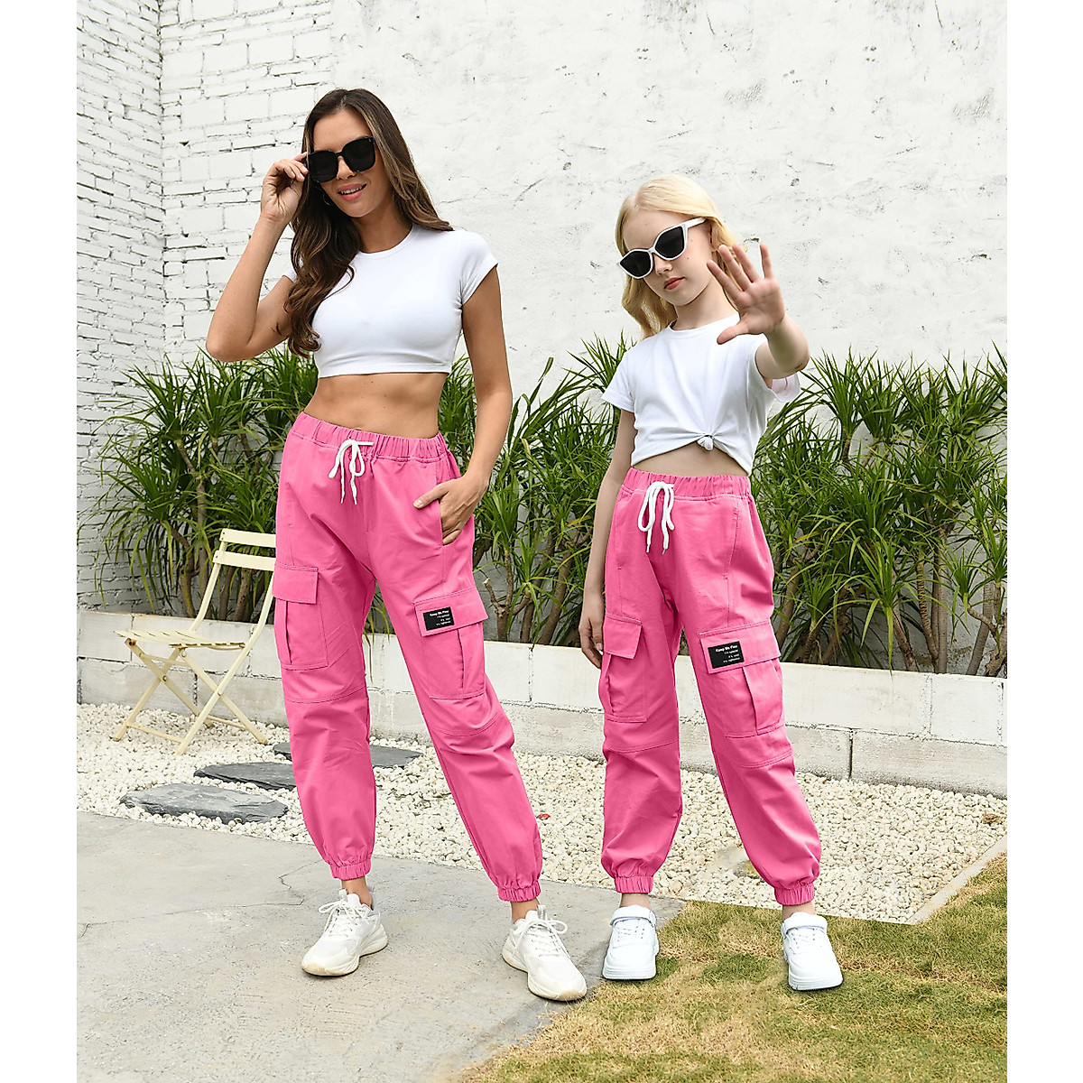 AOWKULAE Women Cargo Pants, Tapered Joggers Drawstring Elastic Waist Loose Pants with Pockets for Women, Rose Pink, Size US Medium