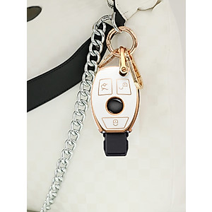 LEERLY Key Fob Cover for Mercedes Benz Accessories, Key Case with Key Chain Compatible with C E S M CLS CLK G Class Smart Key 3 Buttons white