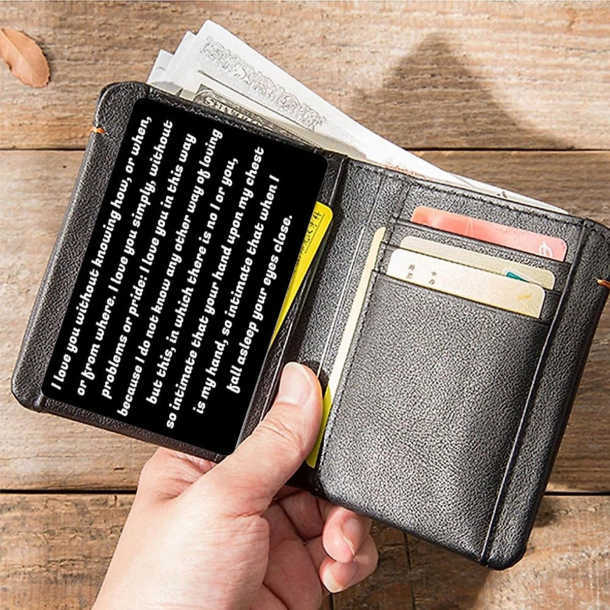 Eletizy Personalized Picture/Text Wallet Metal Card, Custom Color Print Picture Double Side Wallet Insert Card for Love Note, Anniversary, Husband Wife, Family, Boyfriend,Girlfriend (Black)