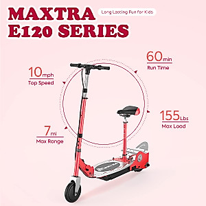 MAXTRA E120 Electric Scooter with Removable Seat, 60 Mins Long Battery Life ＆ up to 10mph, Adjustable Height for Kids Ages 6-12