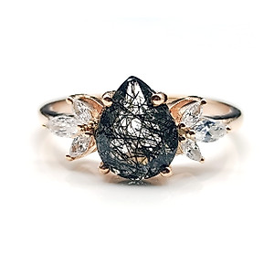 Rings For Women Natural Black Rutilated Quartz Ring-Salt And Pepper Diamond Ring-Pear Shaped Black Quartz Ring Beautiful Gift Wedding Ring BY FOREVER GEMS & JEWELS, Rose Gold,White,Silver