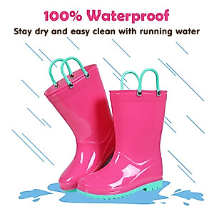 Colorxy Kids Rain Boots for Boys Waterproof Toddler Rain Boots with Easy-On Handles, Hot Pink Size Big Kid 4