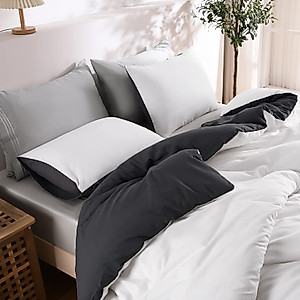 White Duvet Cover King Size, Ultra Soft Double Brushed Microfiber Duvet Cover Set 3 Pieces with Zipper Closure, Reversible Duvet Cover for All Season, White/Charcoal Grey, 104x90 Inches